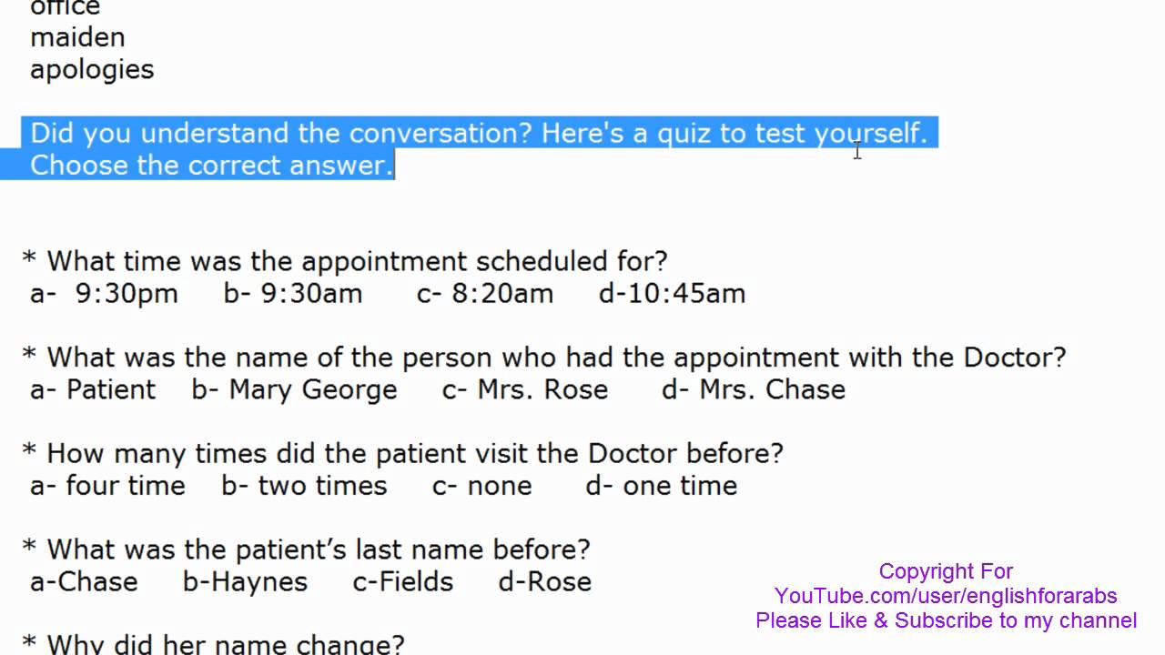 English Conversation with Key words and quiz - At the Doctor's Office ...