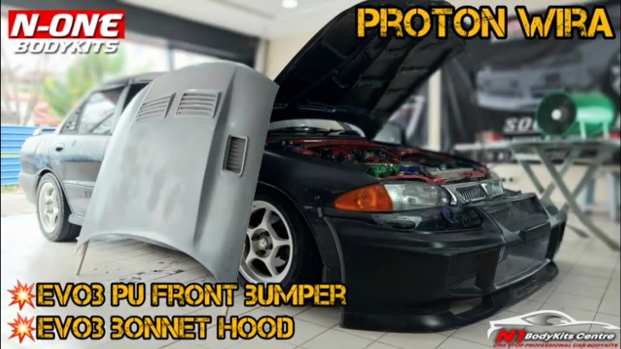 proton wira evo3 pu front bumper evo3 bonnet hood. - YouTube