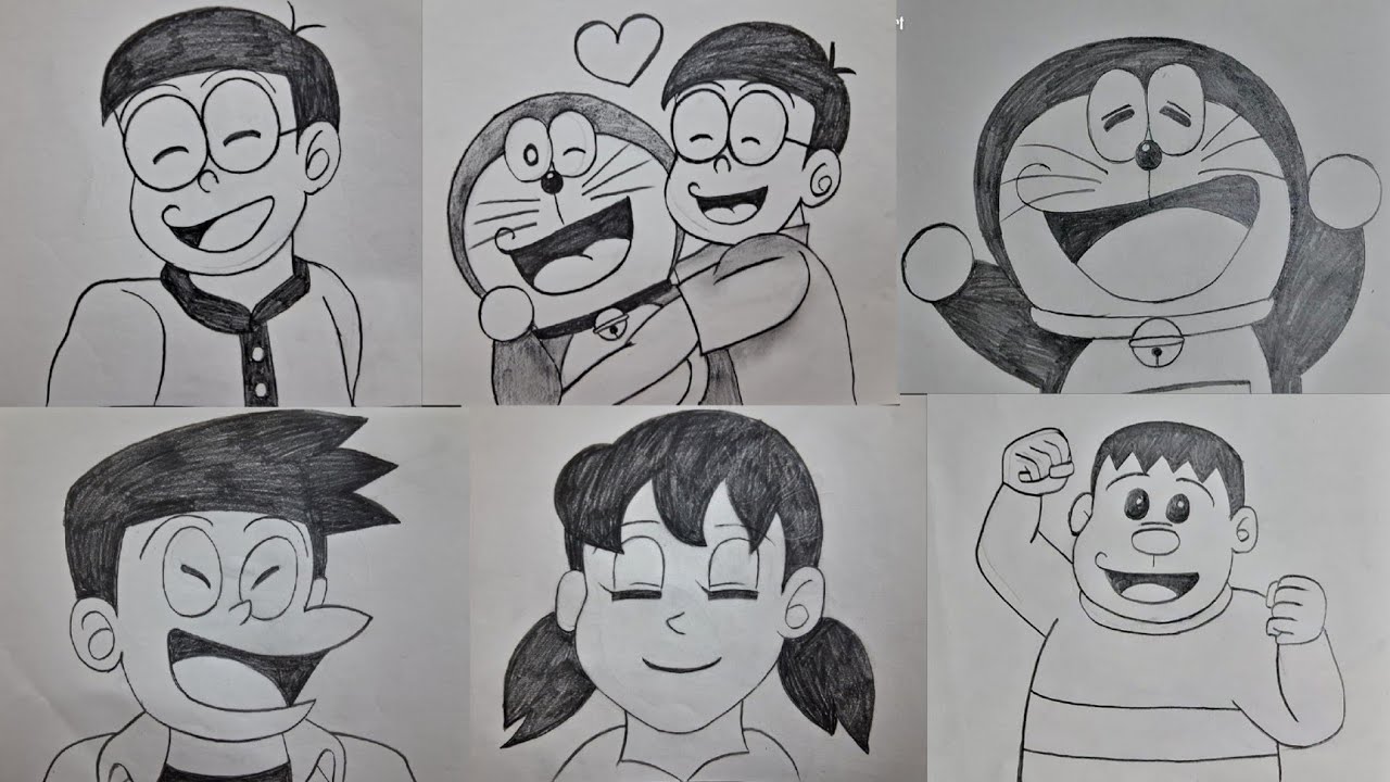 Easy Doraemon Characters Drawing || Doraemon, Nobita, Shizuka, Suneo ...