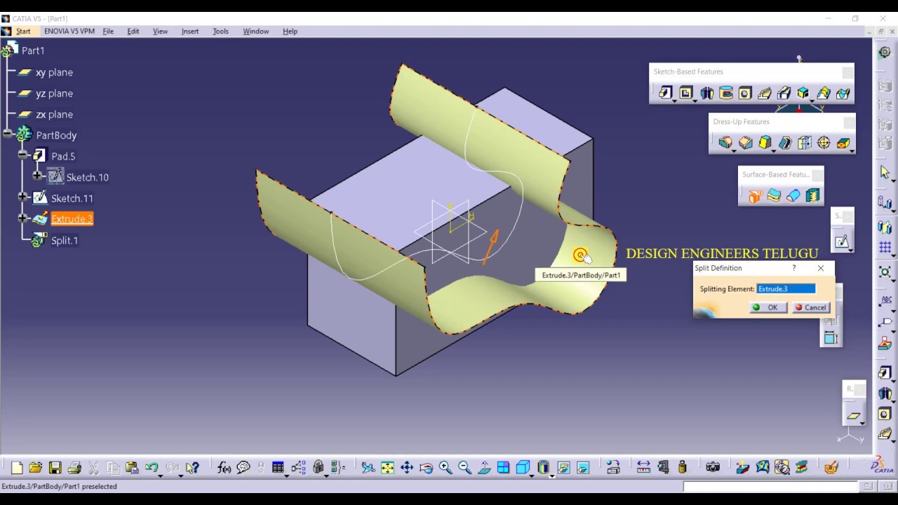 CATIA Class - 34 || Telugu || Surface based features(split,thick ...