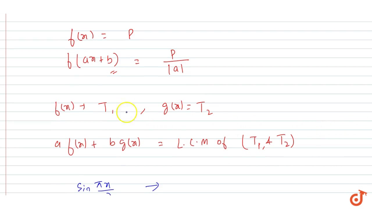 the period of the function f given by `f(x)= sin((pix)/2)+2cos((pix)/3 ...
