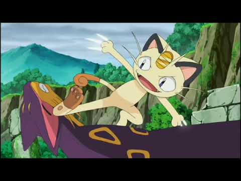 Meowth saves ash and Pikachu from team plasma