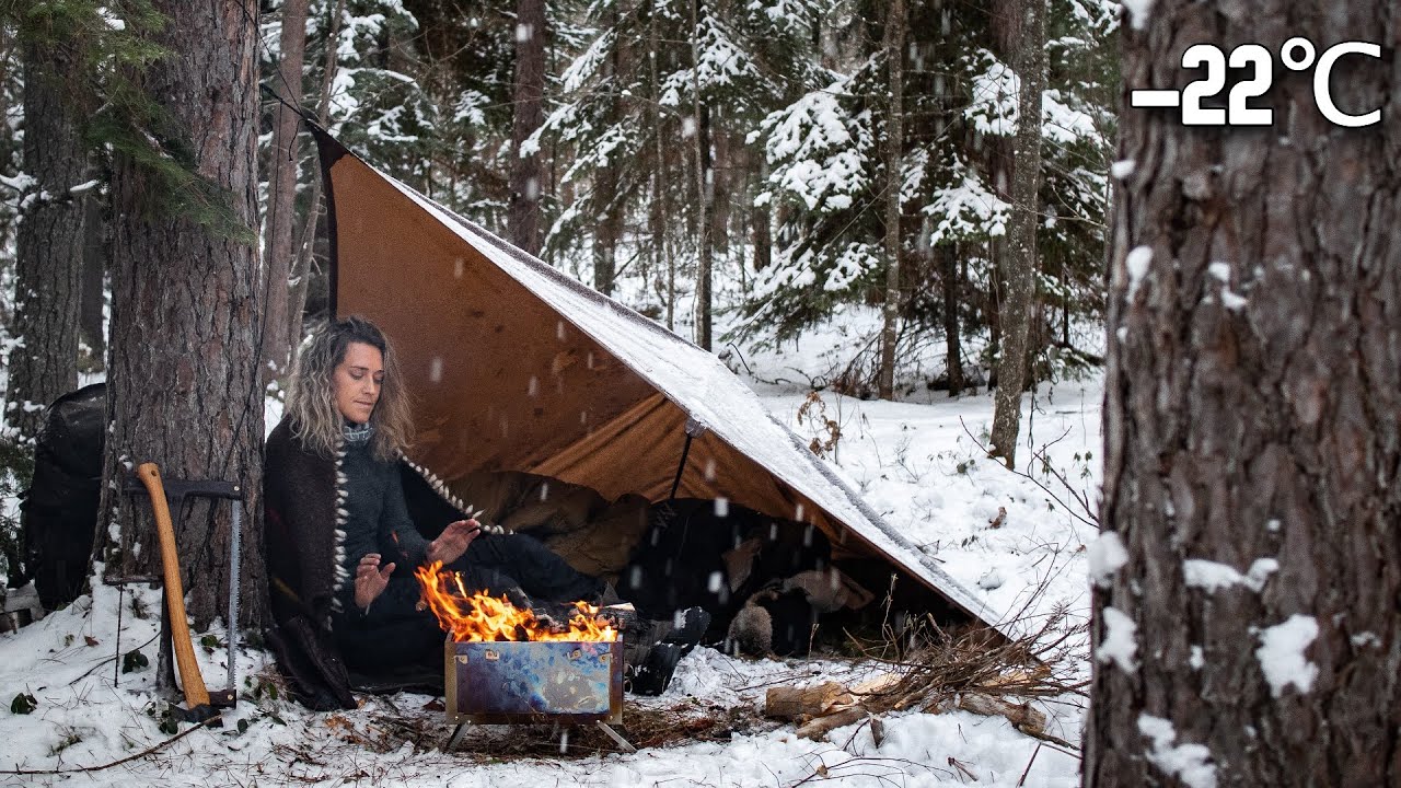24hr VERY COLD SOLO WINTER Camp Below -20°c, Wind Storm, Oilskin Tarp ...