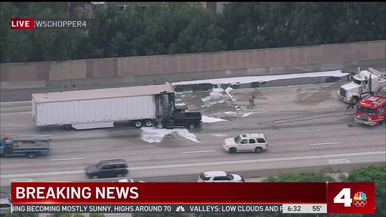 Pickup crashes into back of big rig trailer on 91 Freeway - YouTube