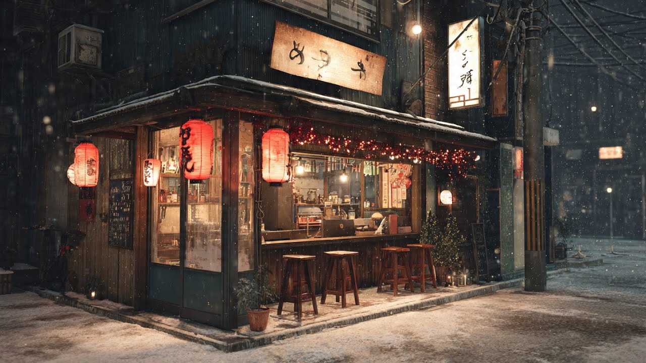 Cozy Japanese Street Café on a Snowy Night – Relaxing Winter Ambience ...