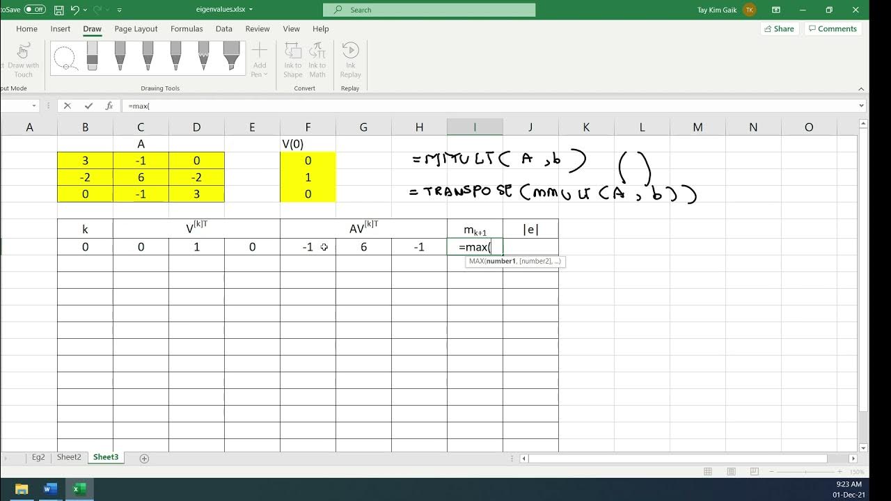 The dominant eigenvalues and eigenvector using power method with Excel - YouTube