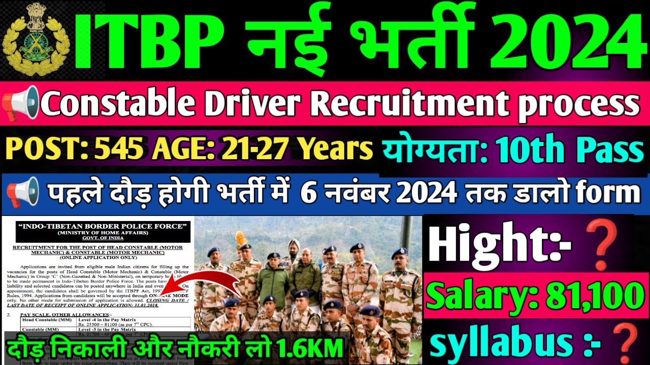 ITBP Constable Driver New Vacancy 2024 | ITBP Driver vacancy 2024 |10वीं पास #ITBP Constable ...