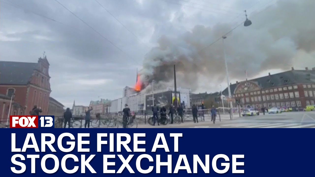 Stock exchange building catches fire in Denmark - YouTube