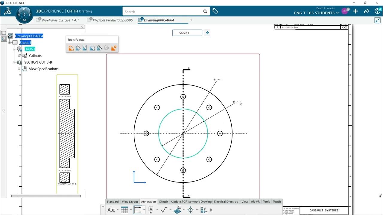 Creating Section Cut-Section View Creating Dimensions on a Cylindrical Part CATIA 3D EXPERIENCE ...