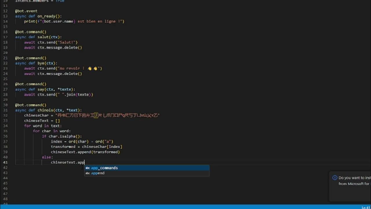 COMMENT CODER UN BOT DISCORD EN PYTHON ? - Commandes Say et Chinese. - YouTube