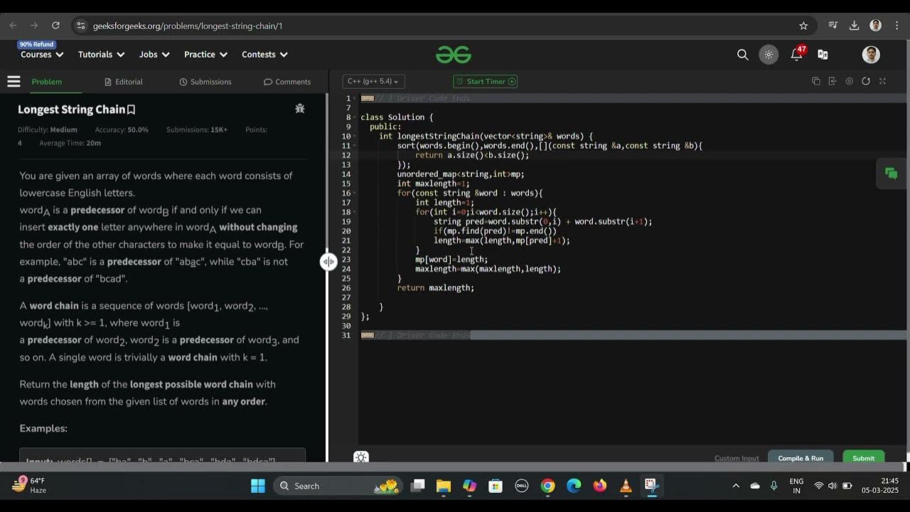 Longest String Chain|GFG POTD #potd 05-03-2025| @DecodeMaster01 - YouTube
