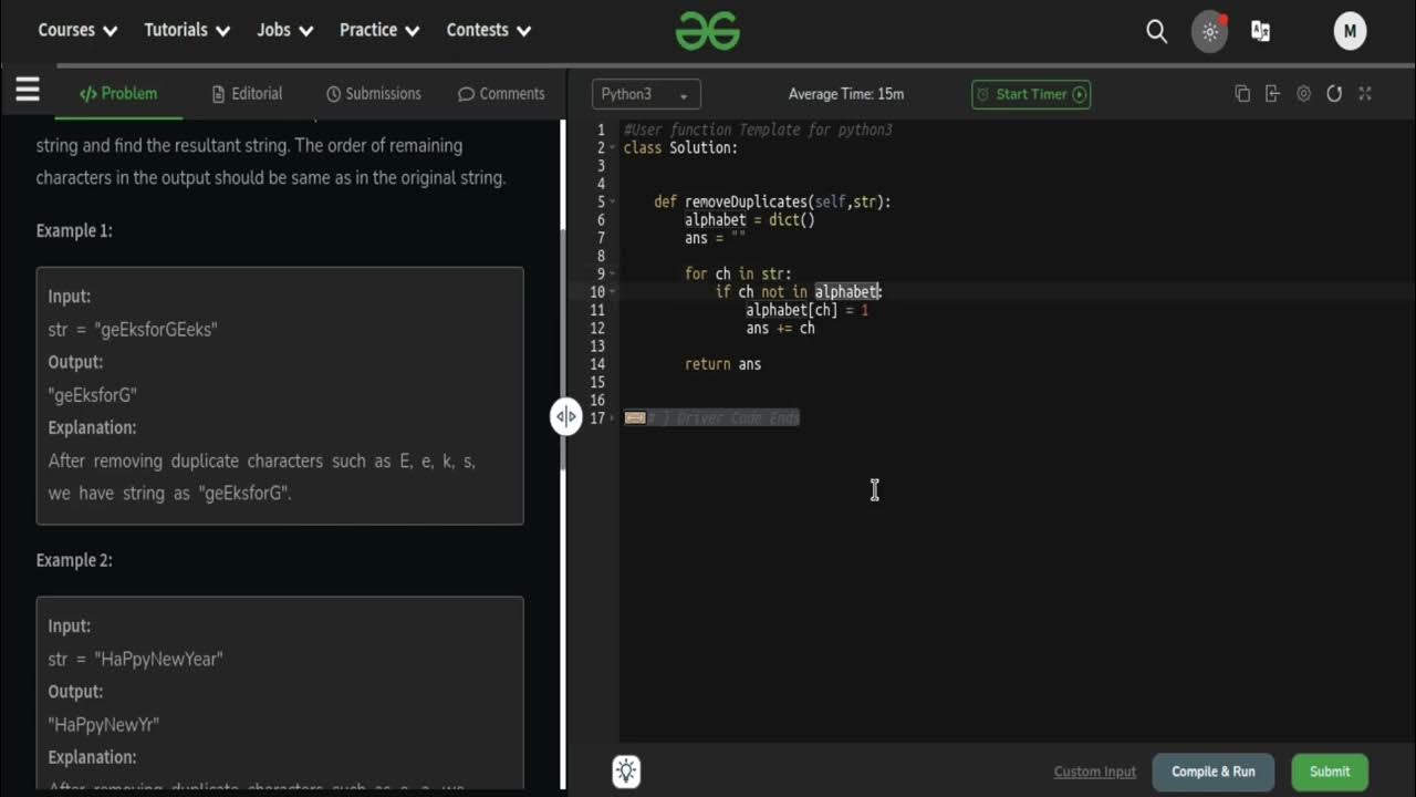 Geeksforgeeks Remove All Duplicates From A Given String Youtube