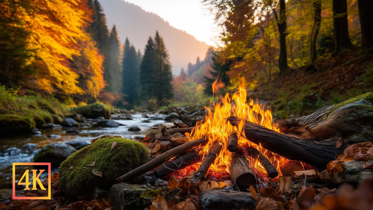 🔥🍁 Flames of Autumn | Campfire by the River in Golden Forest 🌲 - YouTube