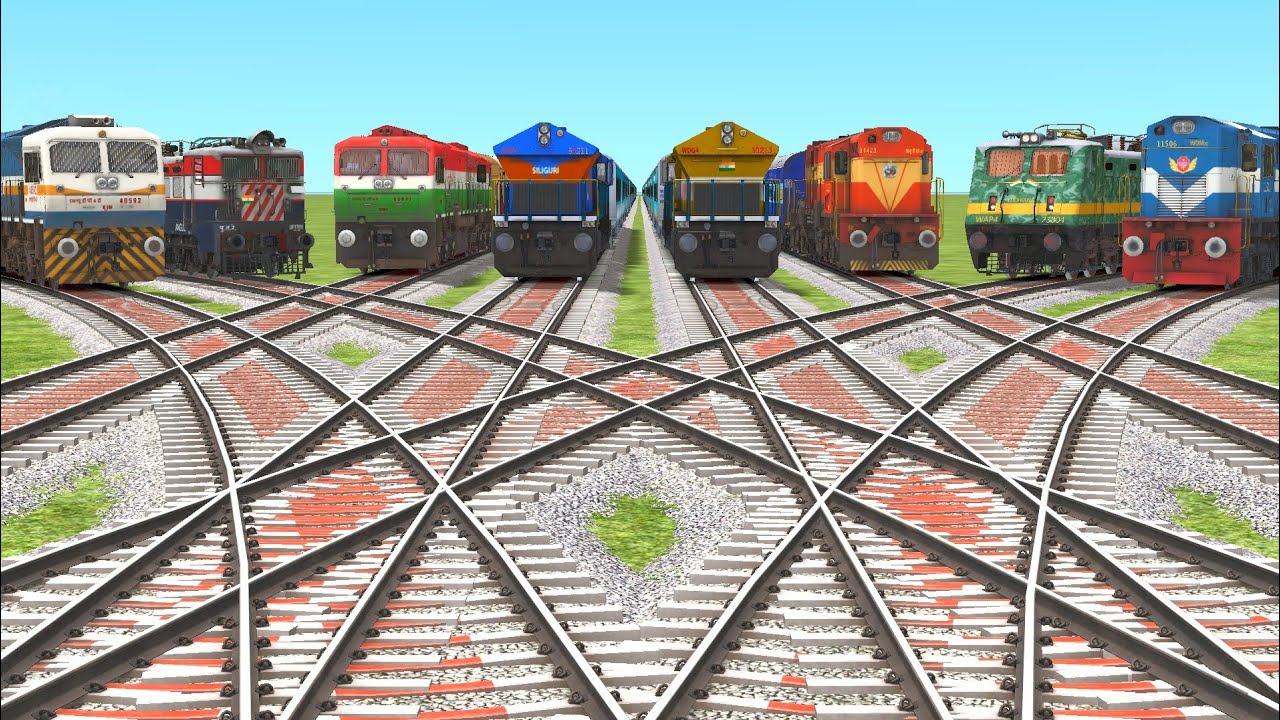 8 TRAIN CROSSING ON V CUT CURVED BUMPY RAILROAD | Diesel Train | Indian ...