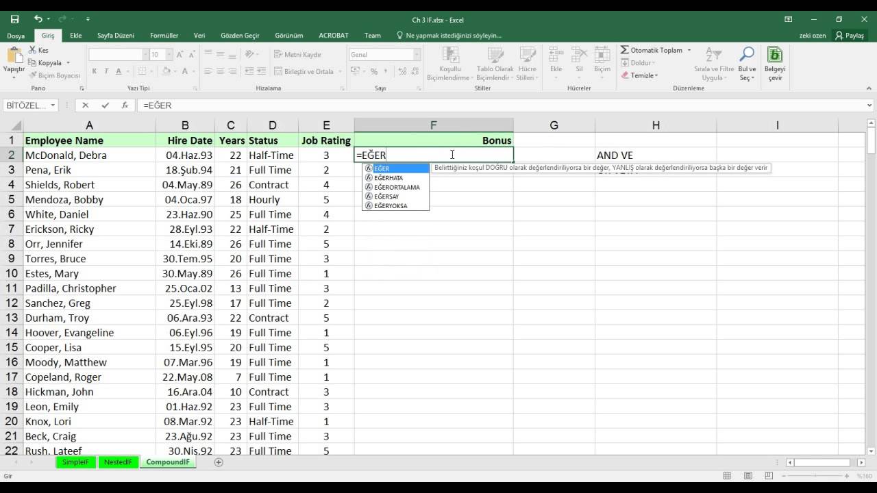 Excel'de IF, AND ve OR Kullanımı - YouTube