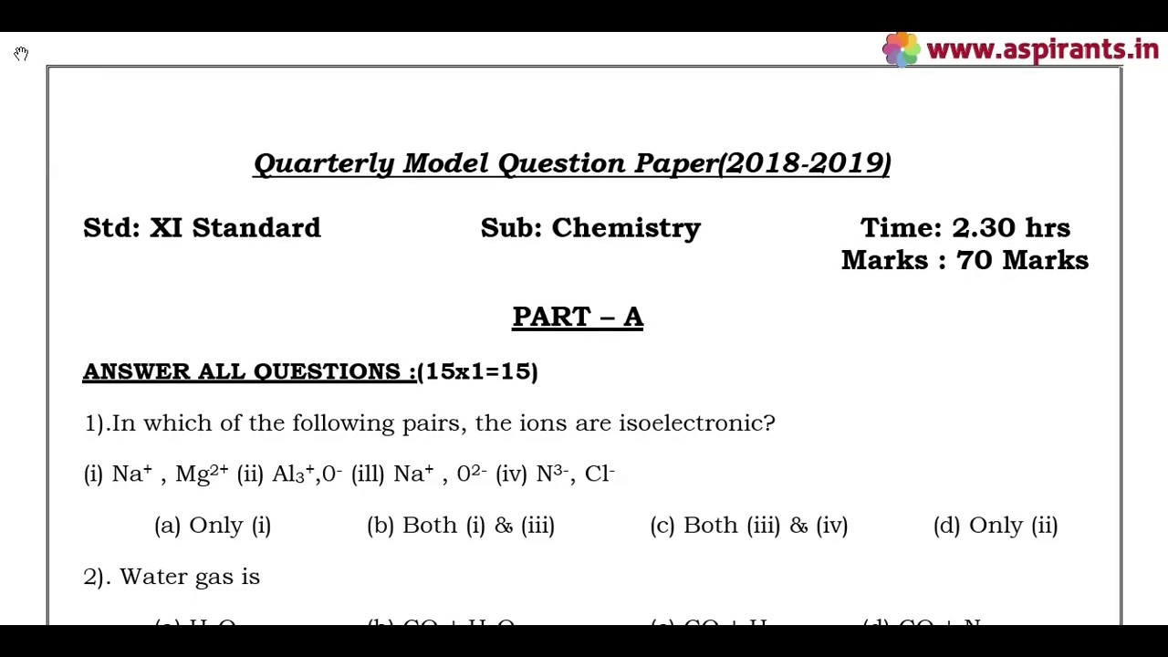 11th Chemistry Quarterly Exam Model Question Paper 2018-19 | Chennai ...