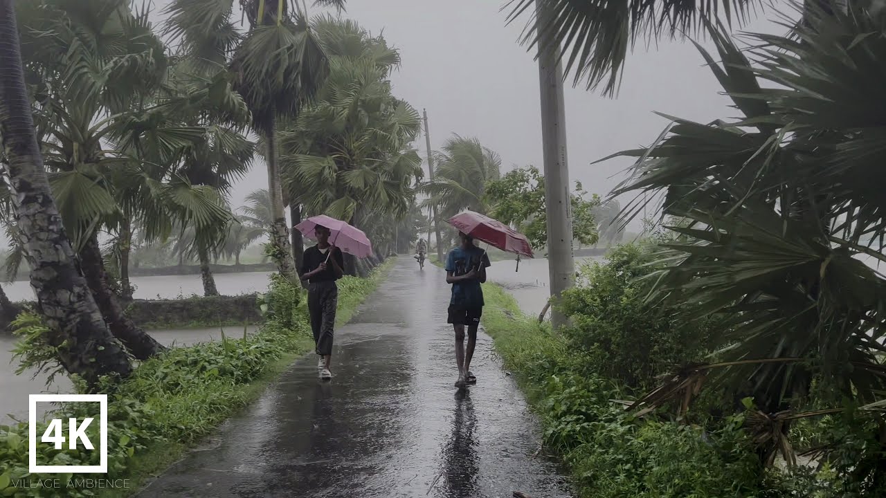 Super heavy rain walk in a beautiful village, Rain sounds for sleeping ...
