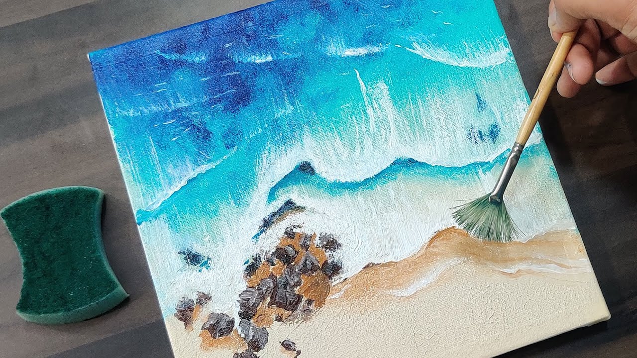 Ocean Waves Acrylic Painting | Sponge And Fan Brush | How to Paint ...