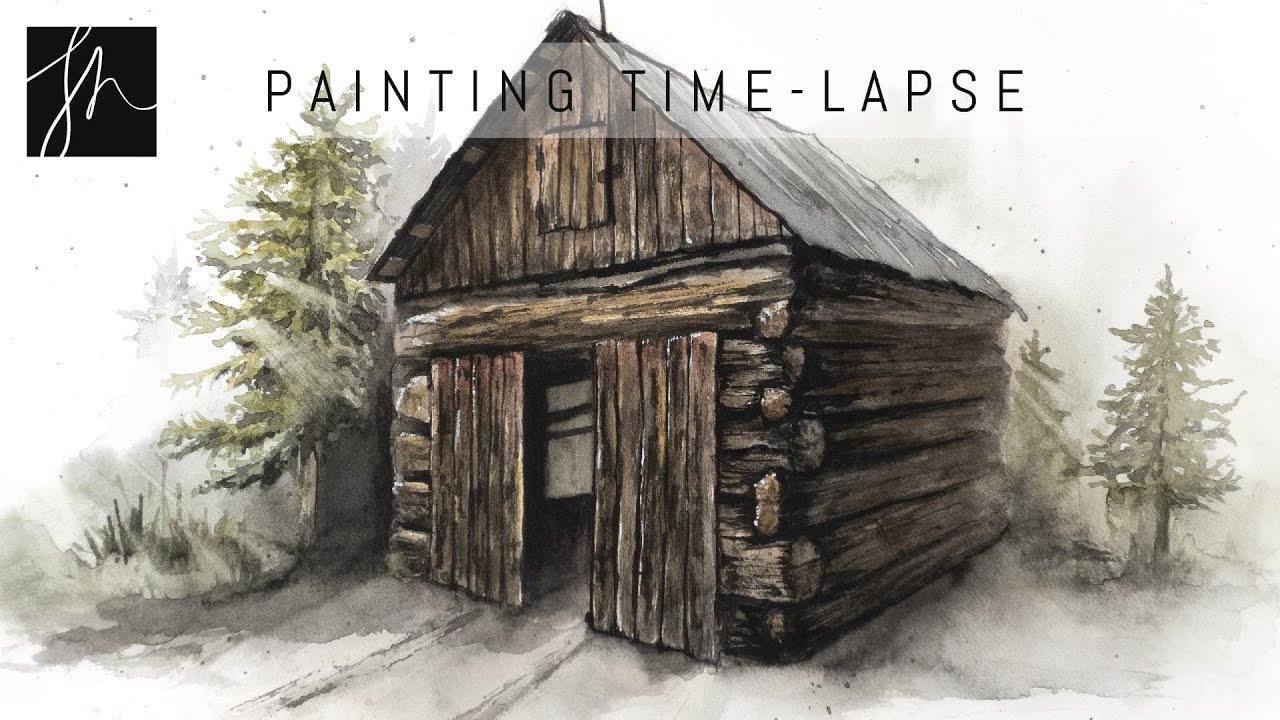 Watercolor Painting Time-lapse - Timber Shed in the Forest - YouTube
