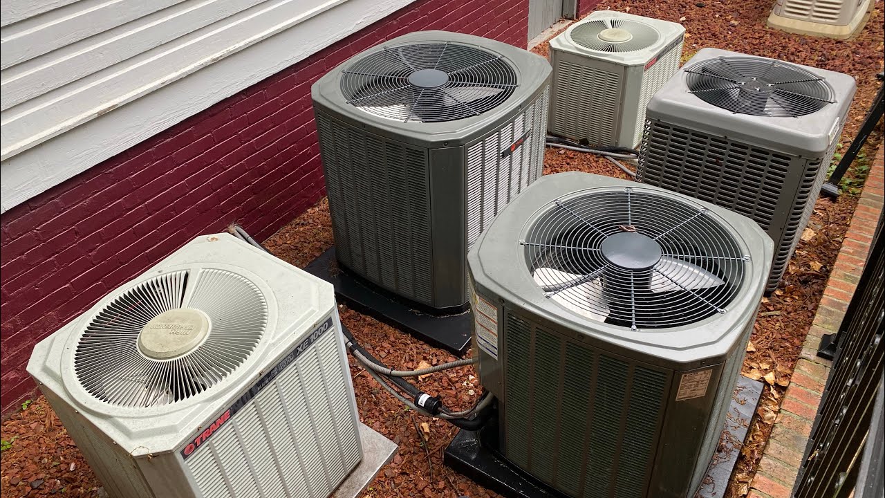 Trane XE1000, Trane XR16, and Evcon Heat Pumps at a wedding home - YouTube