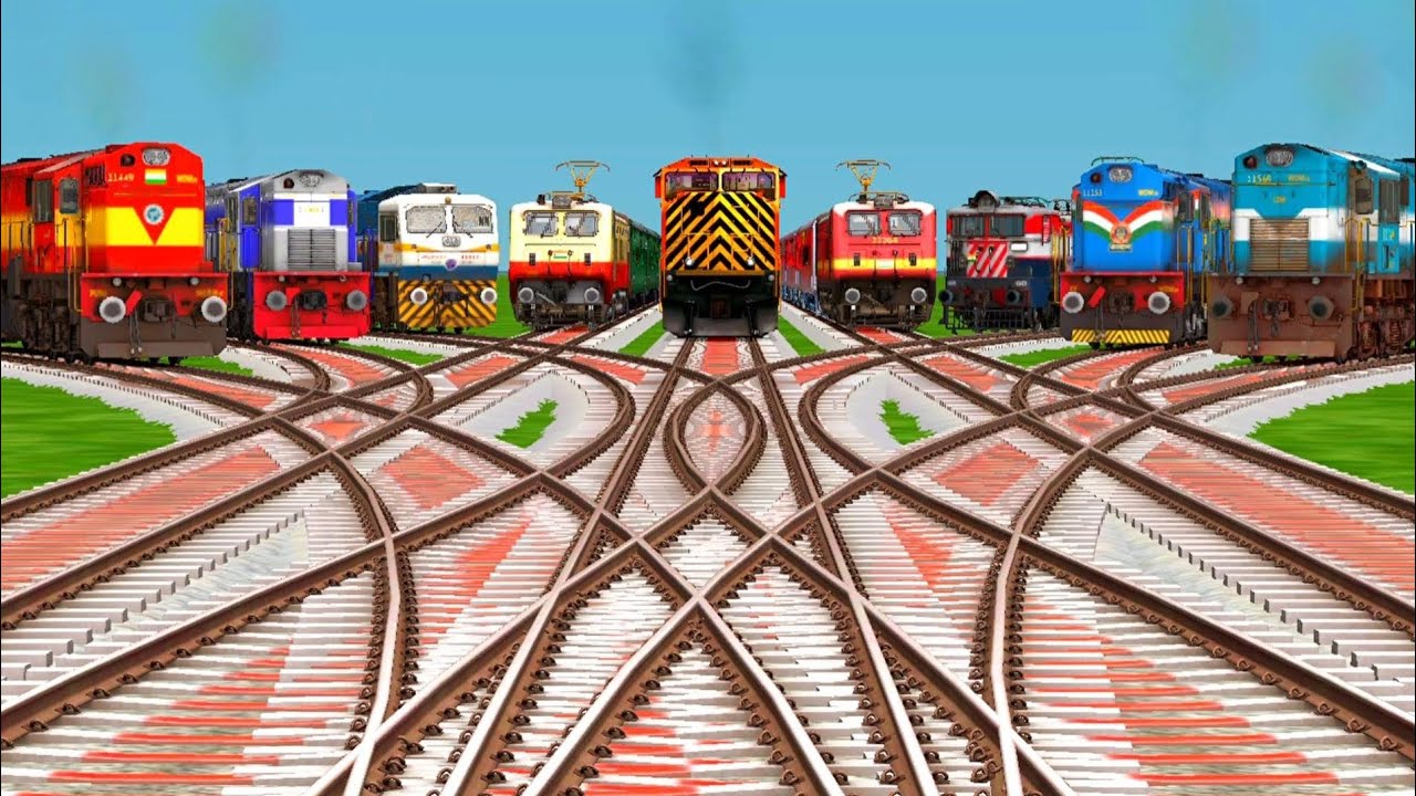 9 Mega Trains Crossing at Extreme Curved X Branched Tracks | Unreal ...