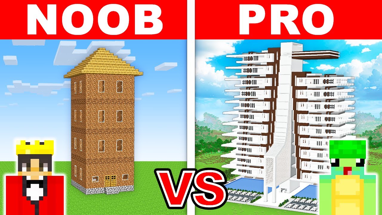 NOOB vs PRO: MODERN SKYSCRAPER HOTEL HOUSE Build Challenge in Minecraft ...