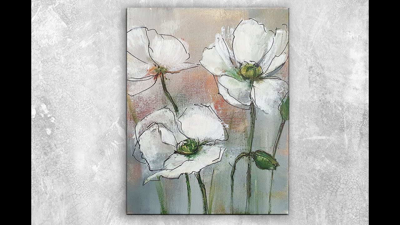 How to draw easy flowers painting /Poppy\Tutorial /Acrylic Technique on ...