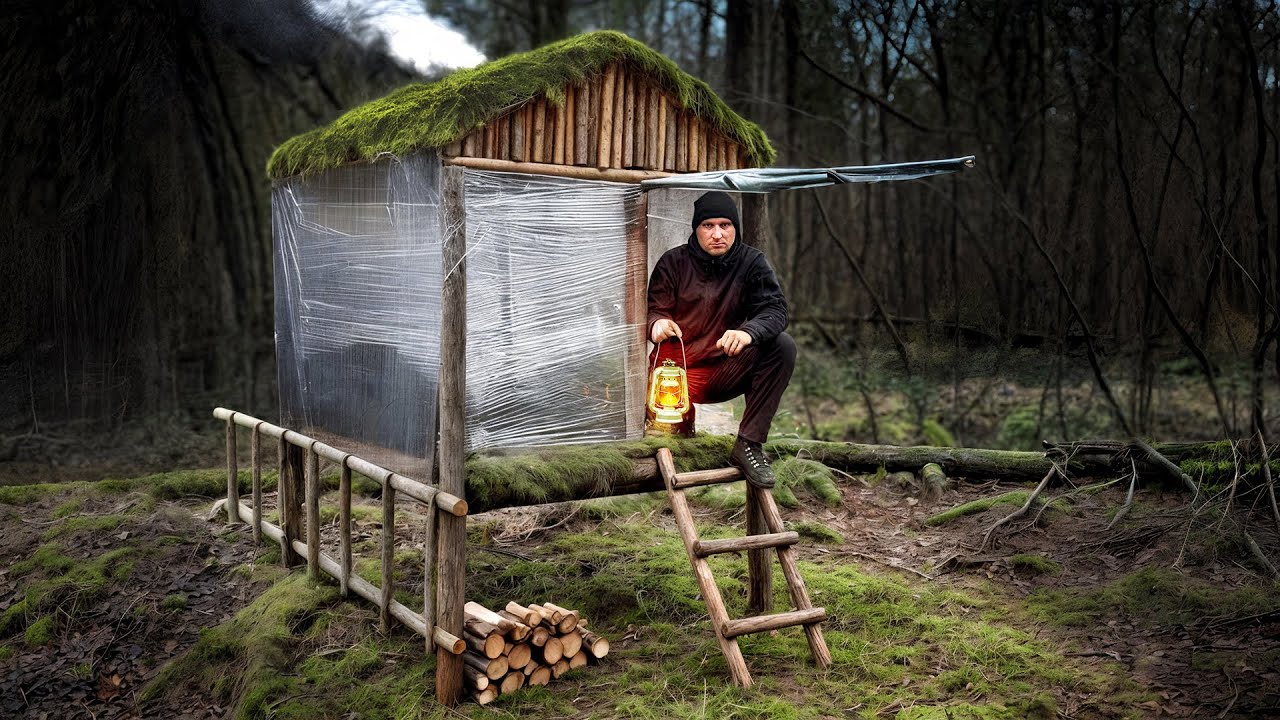 Building a Bushcraft Survival Cabin with a Stove in the Woods | Solo ...