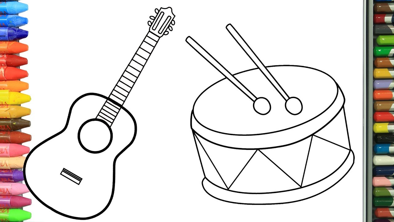 Learn Colors with Coloring Book Guitar and Drum | How to Draw and Color ...