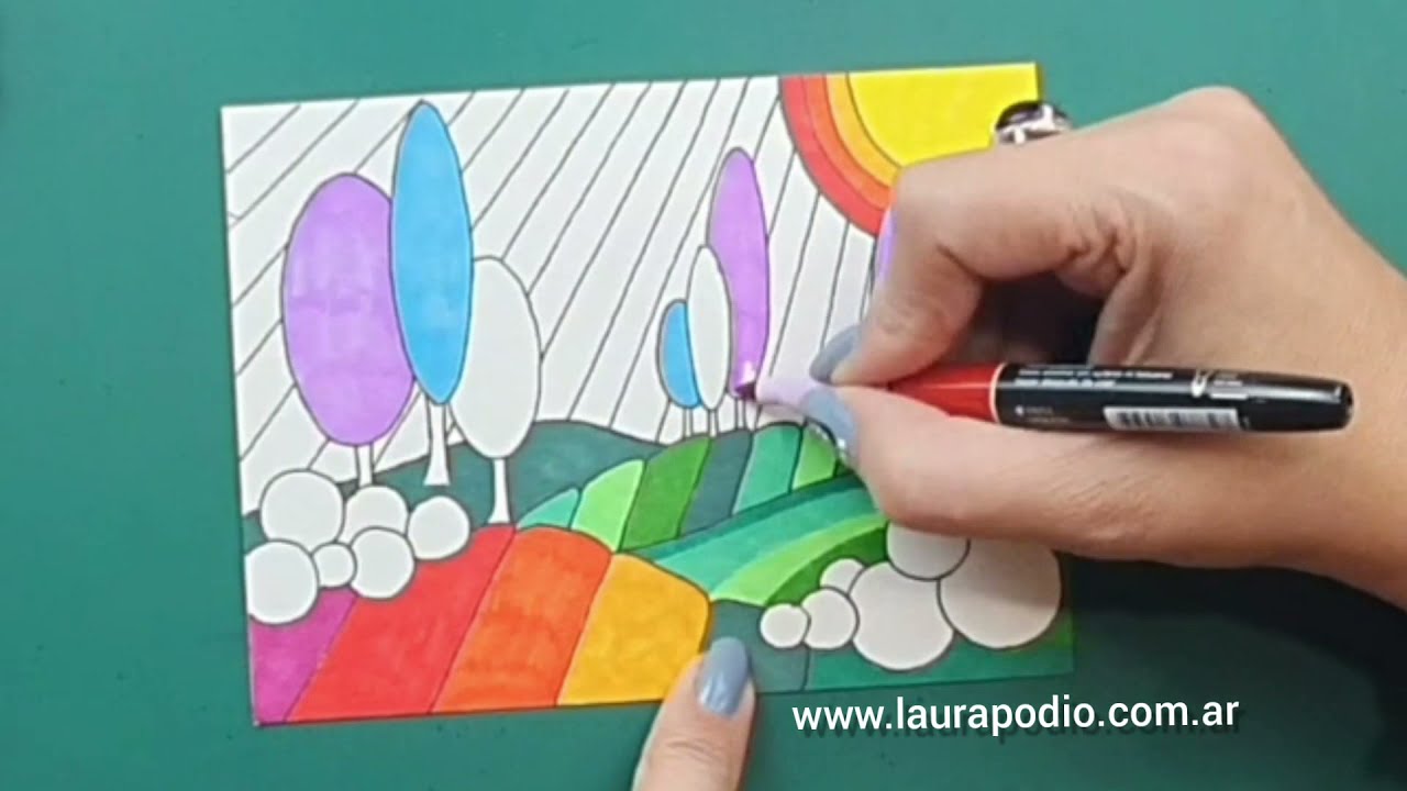 Tutorial #368 -Paisaje naif con plantillas pintado con marcadores - YouTube