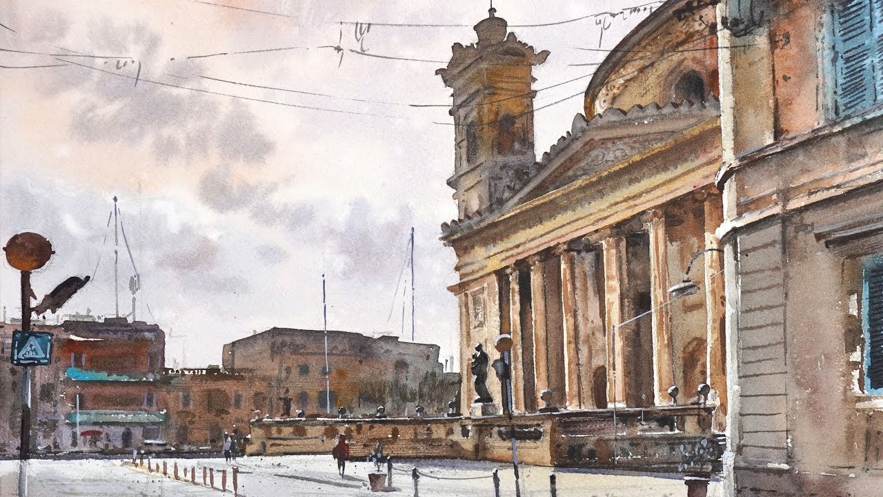 Watercolor Painting - Street Scenery of Mosta Cityscape - YouTube
