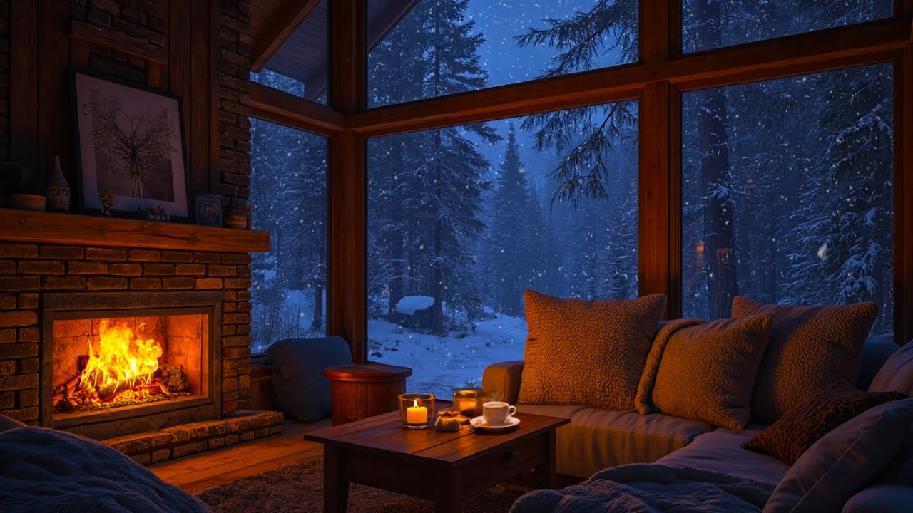 A Quiet Winter Night by the Fireplace | Cozy Jazz Inside a Snowy Forest ...