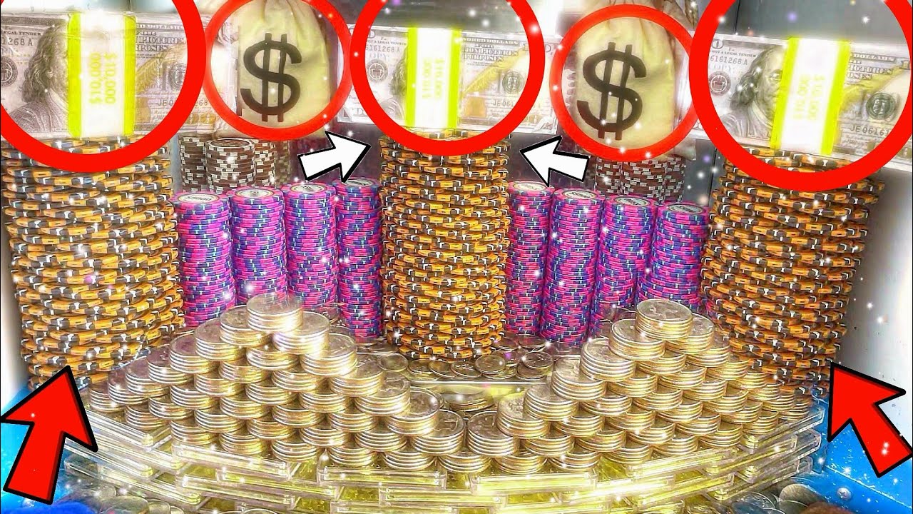 Huge Wall Of Gold And Quarters Crashes Down! High Risk Coin Pusher MEGA ...