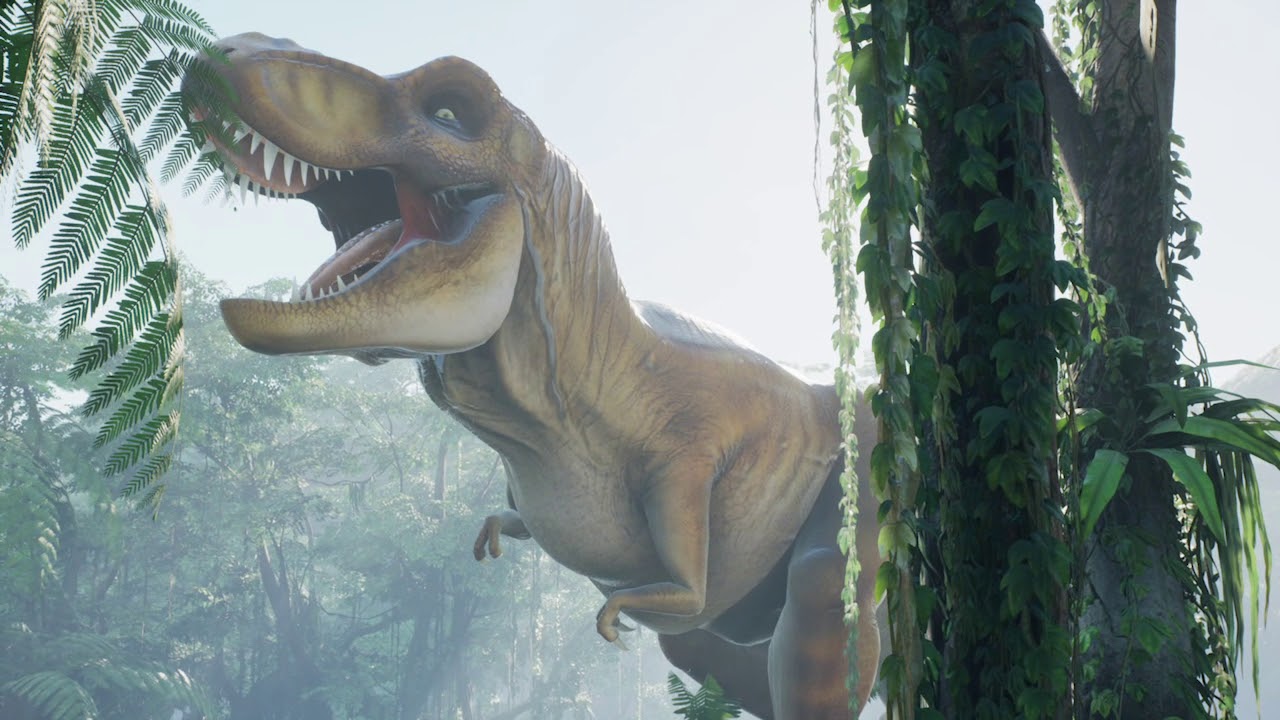 T Rex Tyrannosaurus dinosaur in the morning foggy prehistoric jungle ...