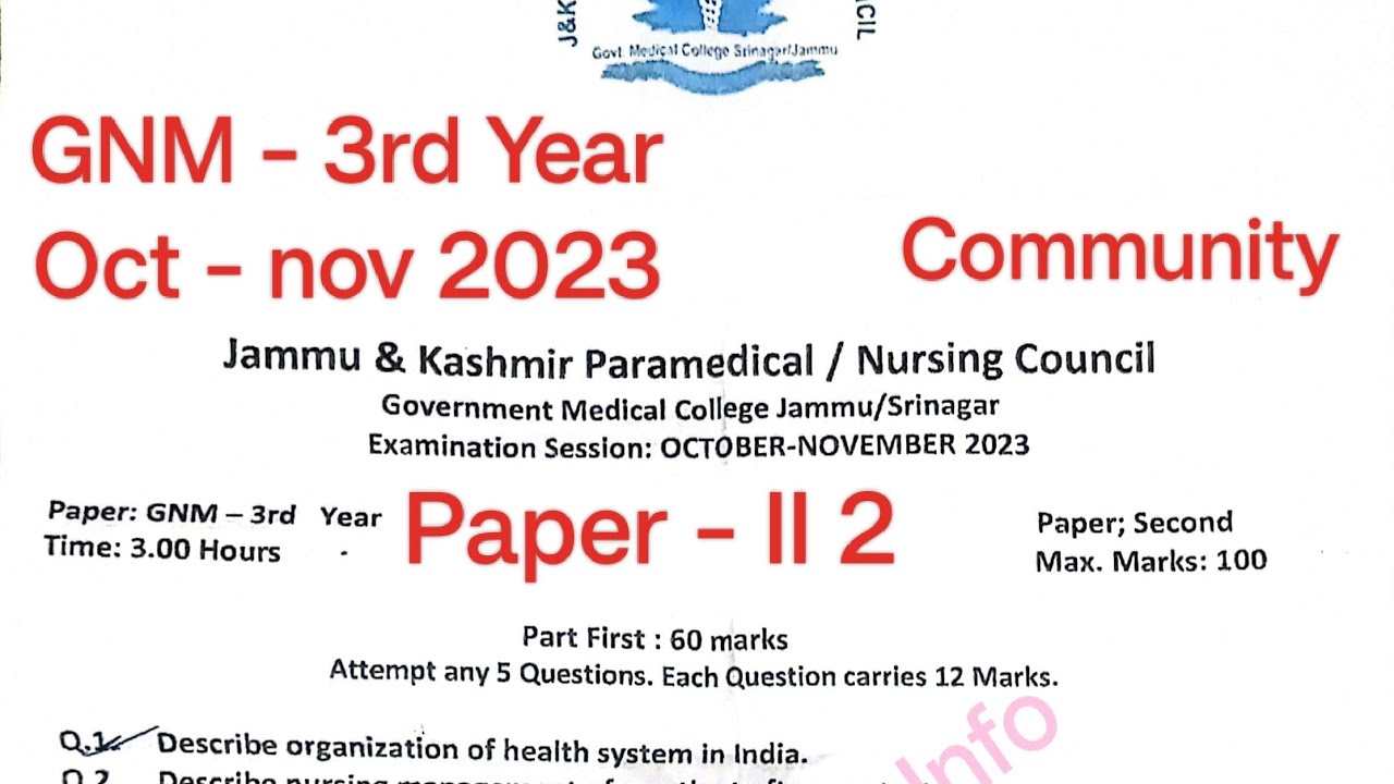 GNM 3rd year Paper 2 || Pervious year question paper/ Jk Paramedical ...