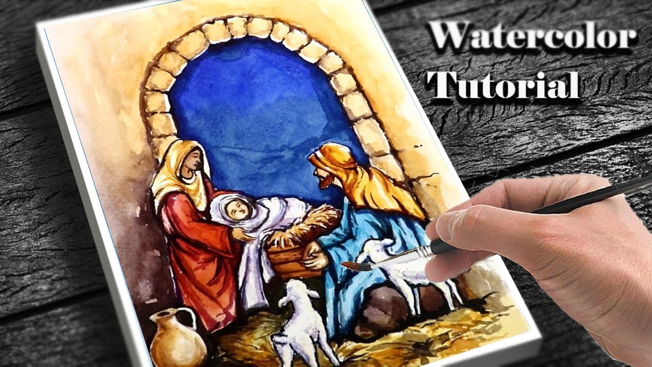 Nativity Scene Mary joseph and Baby Jesus | Watercolor Painting ...