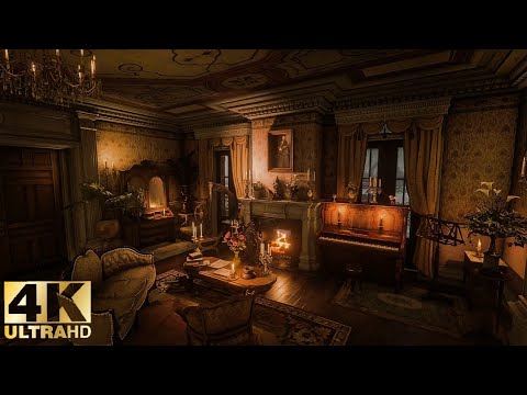 Cosy room on a winter fazenda with winter wind and warm fireplace ...