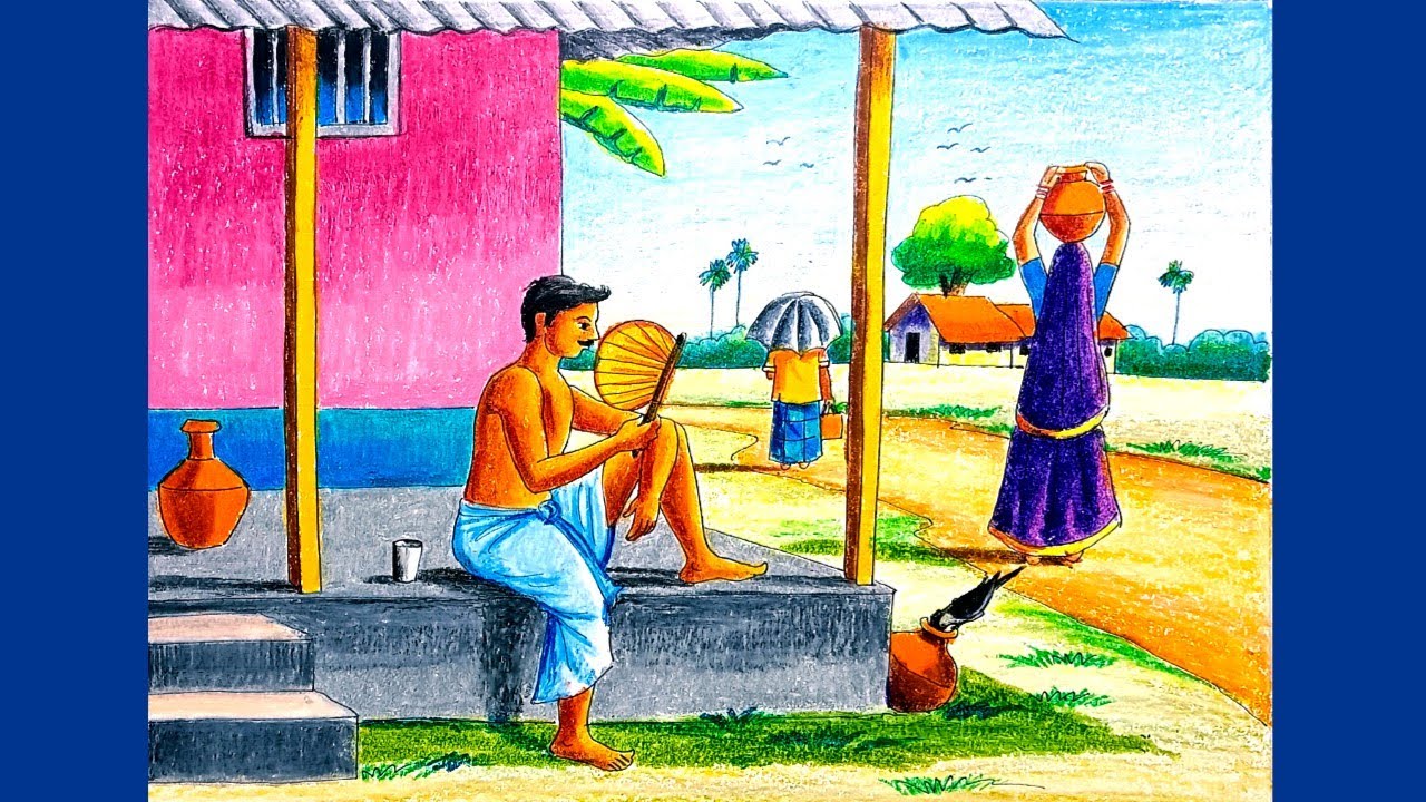 Village summer season scenery drawing step by step/Summer scenery ...
