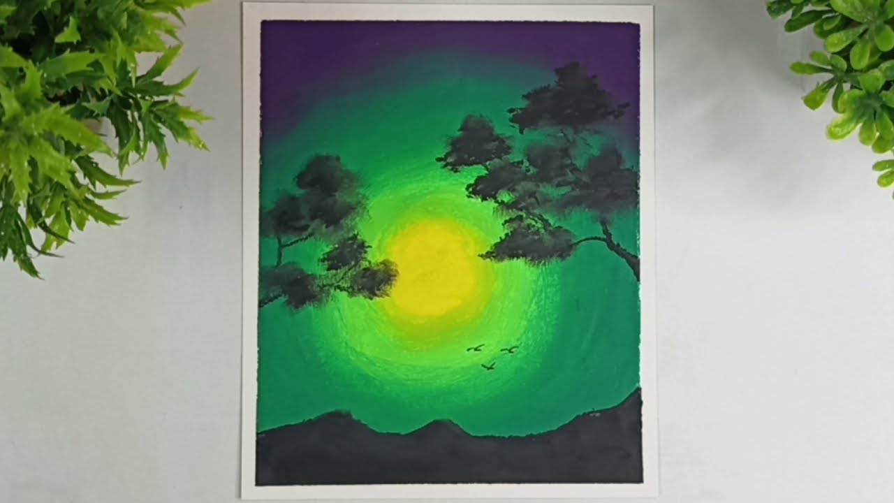 Oil Pastels Moon Night scenery drawing for Beginners | oil pastel ...