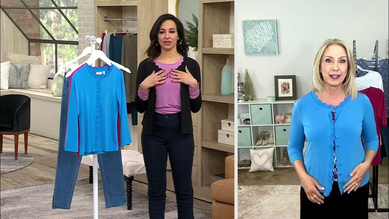 Susan Graver Liquid Knit Button-Front Shrug w/ Scalloped Trim on QVC - YouTube