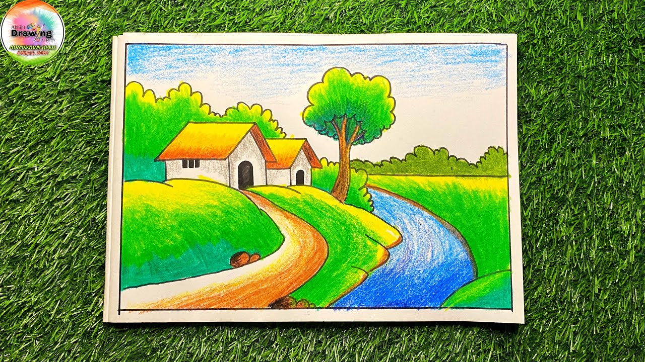 Scenery Drawing, How to draw beautiful scenery Drawing, Village easy ...