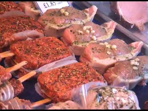 Norwich market stalls nos 102 & 103 Pickering's butchers stall - YouTube