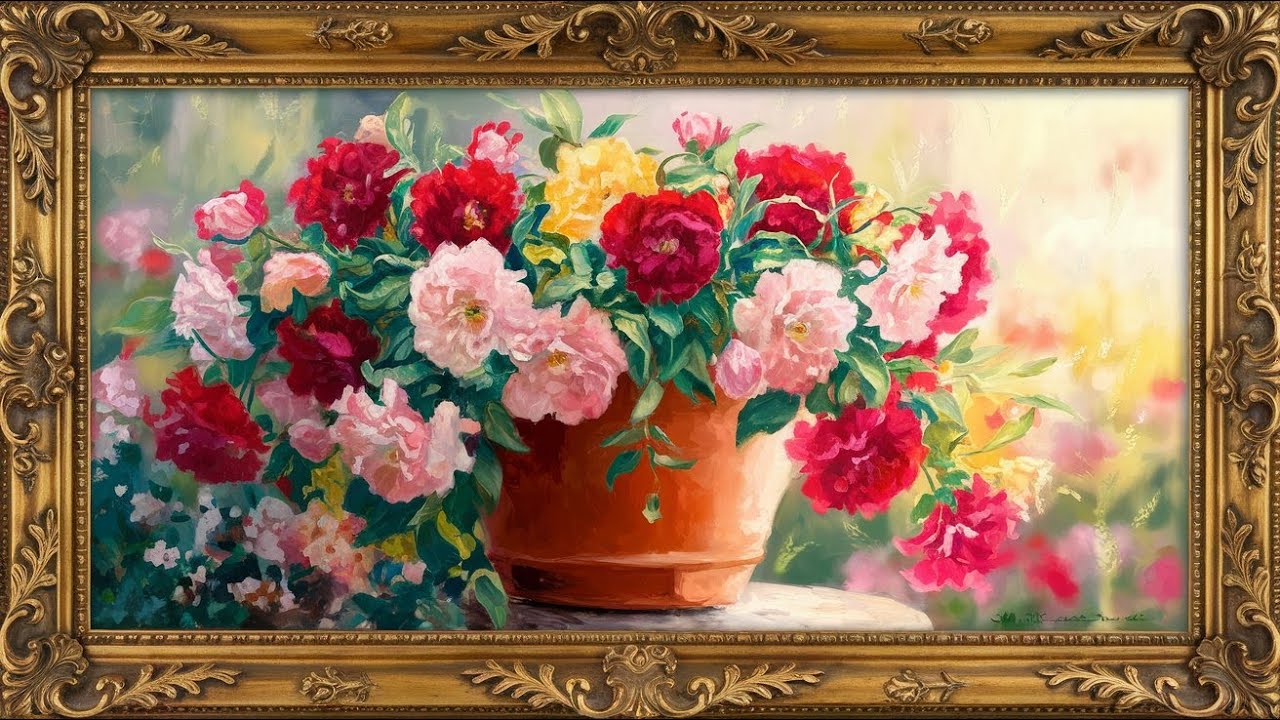 Golden Framed Vibrant Flower Pot Painting - Colorful Blooms in 4K - 1 ...