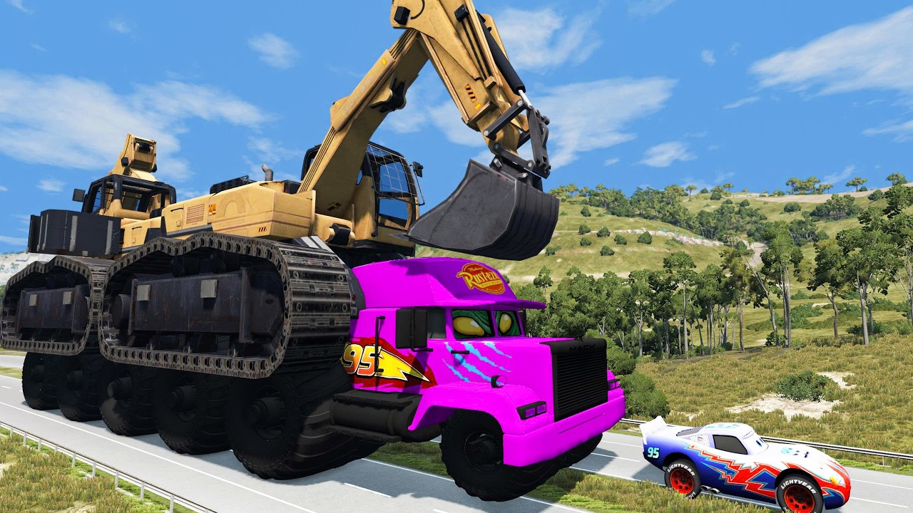 Giant CRUSHER DOZER Mack Truck Eater VS Cars Lightning McQueen Escape ...