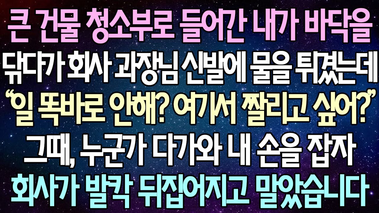 반전 사연 큰 건물 청소부로 들어간 내가 바닥을 닦다가 회사 과장님 신발에 물을 튀겼는데 그때 누군가 다가와 내 손을 잡자
