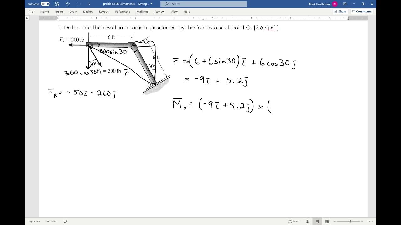 Statics 2D Moment Example 4 - YouTube