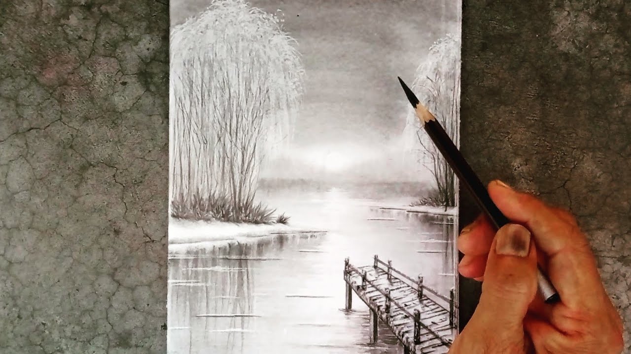 How to draw winter sunset landscape with pencils step by step. - YouTube