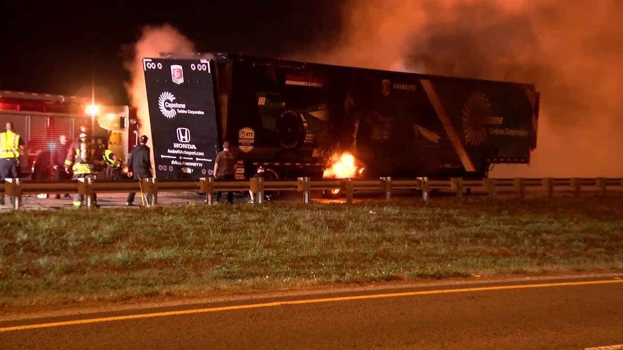 Grand Prix-bound IndyCar trailer catches fire on I-275 - YouTube