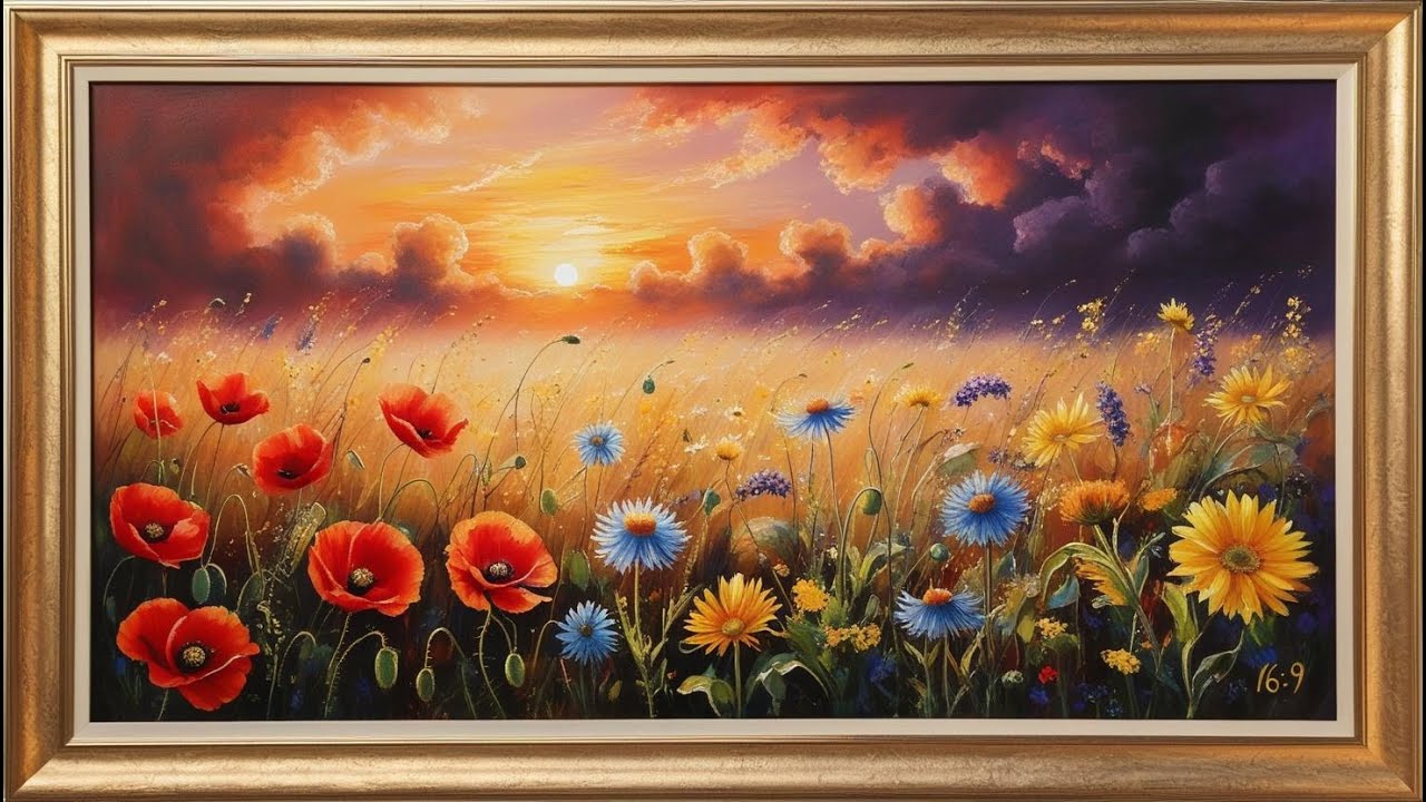 Gold Framed Vintage – Stunning Sunset & Wildflowers | Frame TV Art ...