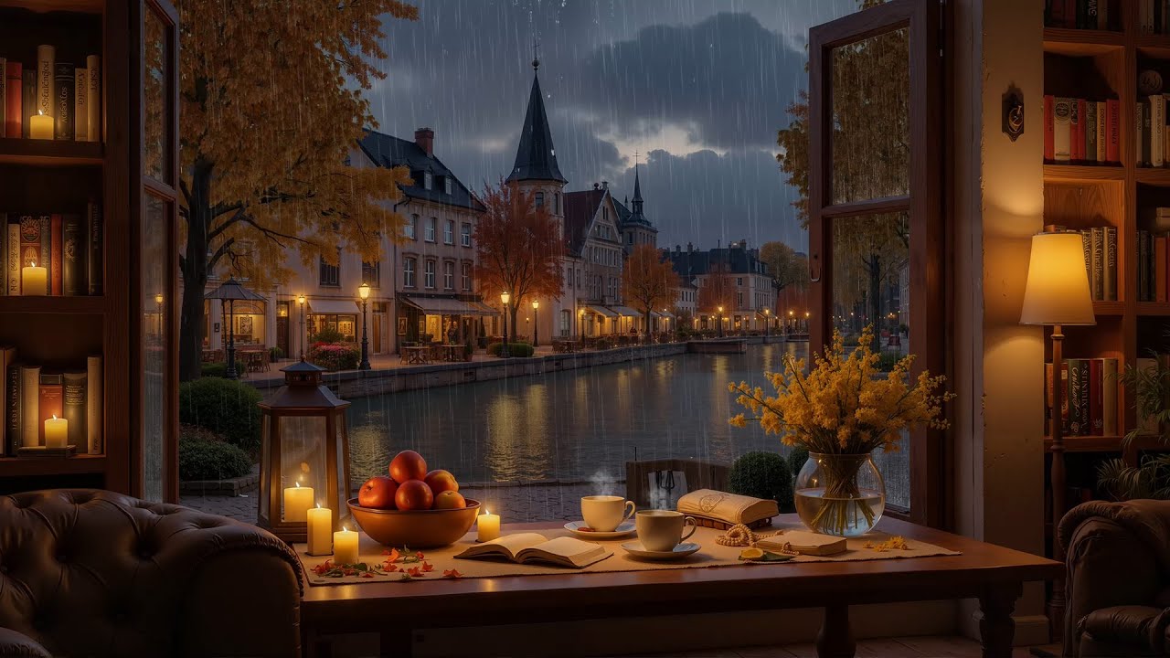 Cozy European Café beside the Canal 🌧️ Elegant Jazz Relaxing Music ...
